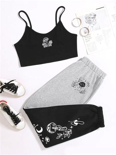 Shein Coolane Mushroom Print Cami Top And Two Tone Sweatpants Shein Usa