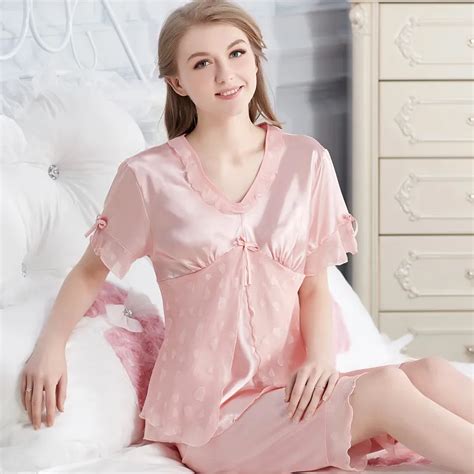 Summer Women Imitation Silk V Collar Sexy Pajama Set Short Sleeve Soft
