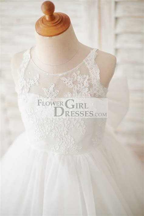 Ivory Lace Tulle Spaghetti Straps Halter Neck Wedding Flower Girl Dres