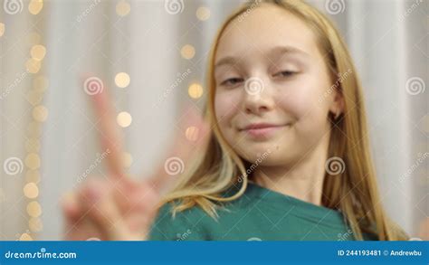 Joyful Teen Girl Portrait Close Up Posing Front Camera Girl Show V