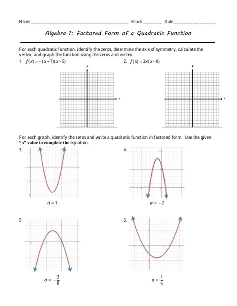 Factored Form Of A Quadratic Function Algebra Worksheet Download