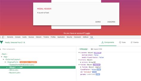 vue js cannot pass options to modal into vue materials