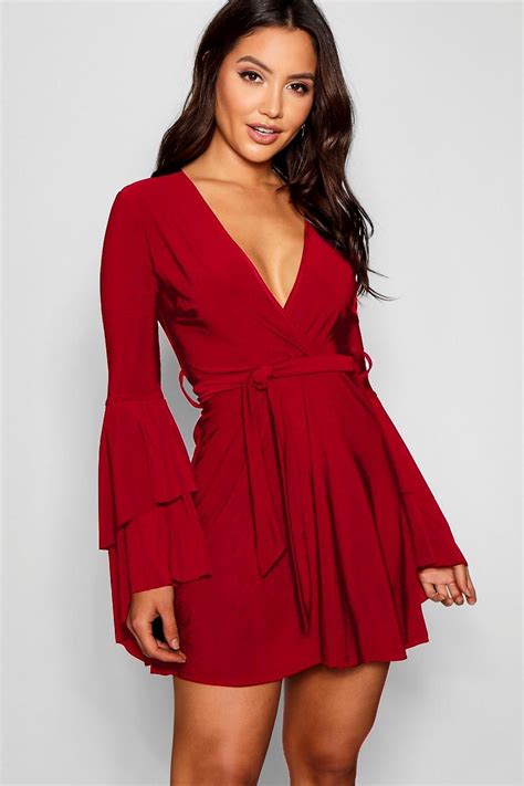 Womens Plunge Neck Flared Sleeve Skater Dress Boohoo Uk