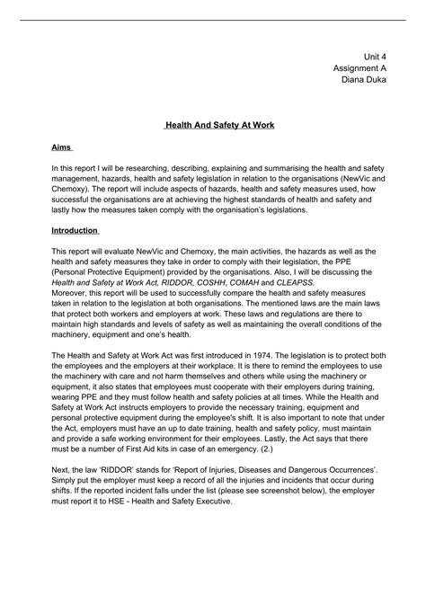 Btec Applied Science Unit 4 Assignment A Health And Safety At Work