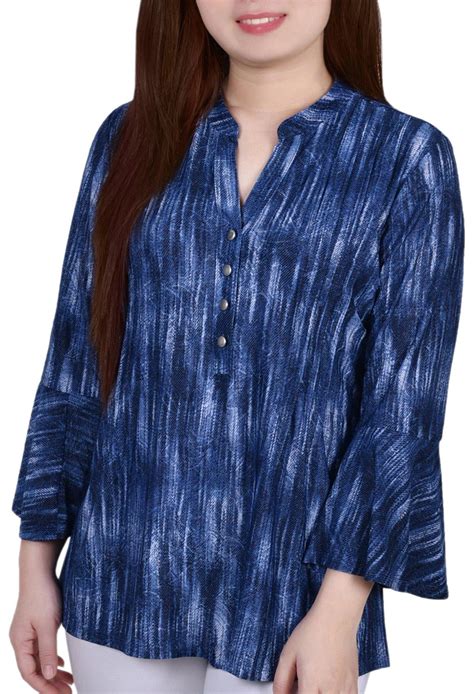 Ny Collection Womens 3 4 Bell Sleeve Pleat Front Y Neck Top