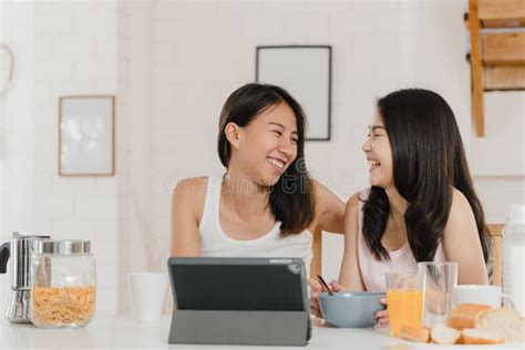 Asian Lesbian Lgbtq Influencer Women Couple Vlog At Home Young Asia