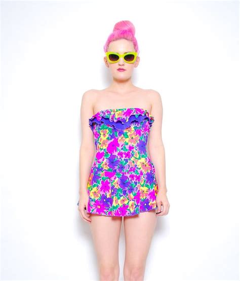 80s Neon Floral Strapless Swimsuit 1980s Ruffled Bandeau Skirt One