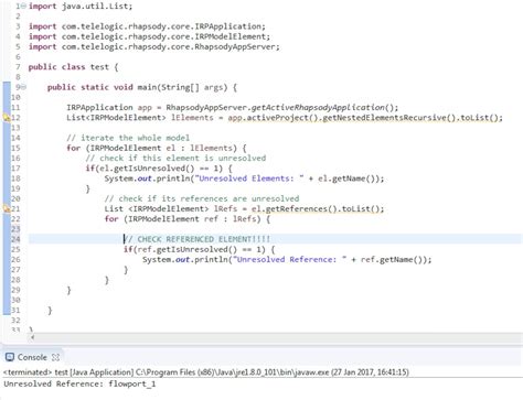 how to use the rhapsody api to find unresolved elements and unresolved