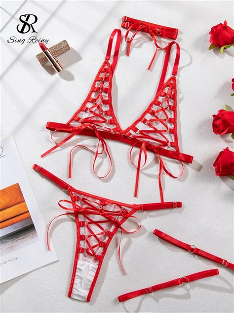 Singreiny Porno Backless Sheer Sensual 4 Pieces Sets Fashion Ladies V