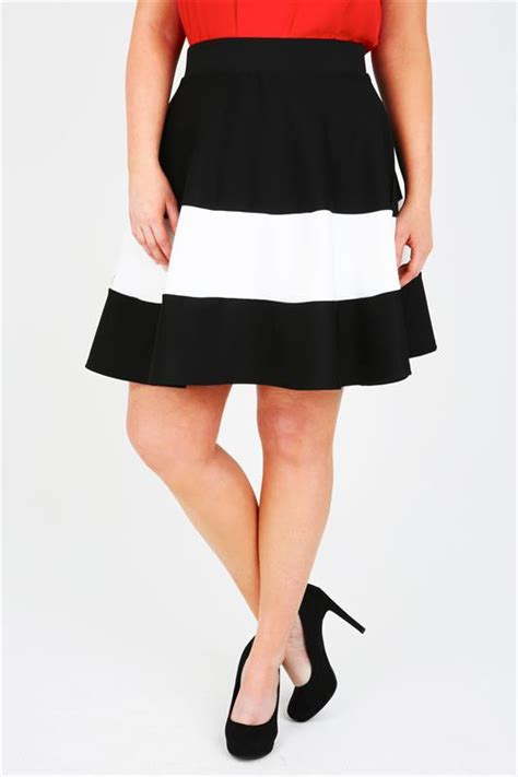 Black And White Colour Block Wide Stripe Skater Skirt Plus Size 14 16 18
