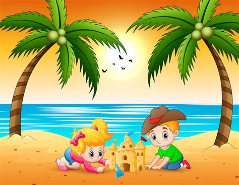 Dibujos Animados De Niño Y Niña Haciendo Castillos De Arena En La Playa