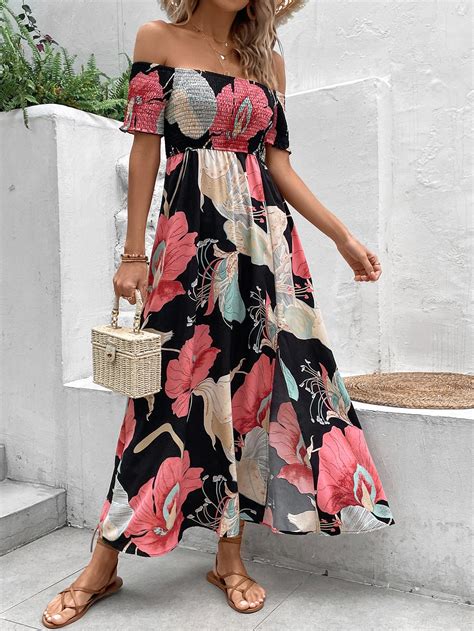 Shein Vcay Floral Print Off Shoulder Split Thigh Dress Shein Uk