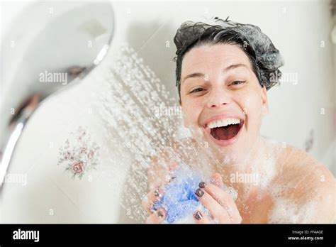 Shower Woman Happy Smiling Woman Washing Shoulder Showering In Stock