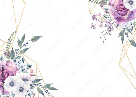 Geometric Floral Frame With Purple Roses And Anemones In A Glass Vase