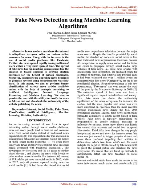 Fake News Detection Using Machine Learning Algorithms Ijertconv9is03104