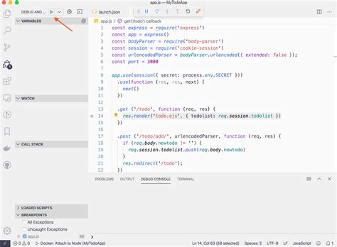 debug a node js application running in a docker container