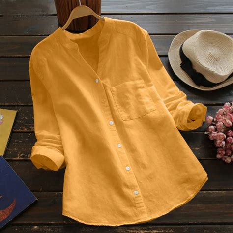 Solid V Neck Cotton Linen Blouse Women Casual V Neck Solid Long Sleeve