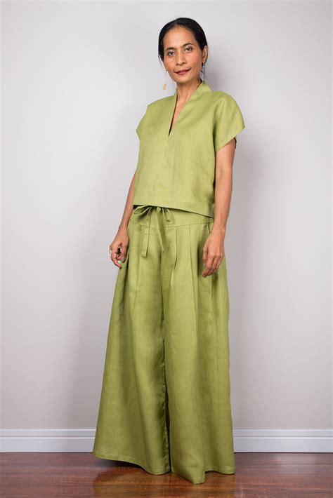 Handmade Green Linen Long Wide Leg Palazzo Pants Olive Green High Wai
