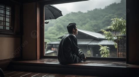 우산을 쓴 남자는 창가에 앉아 밖을 내다본다 비오는 날 창가에서 휴식을 취하는 남자 고화질 사진 사진 하늘 배경 일러스트