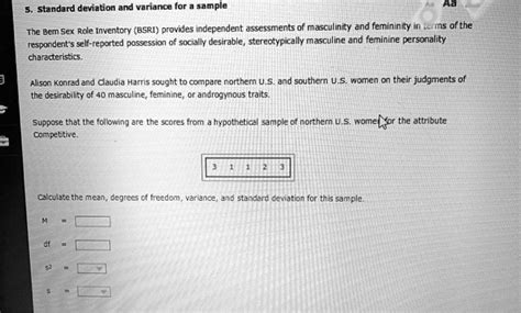 Solved Standard Deviation And Variance For Sample Aa The Bem Sex Role