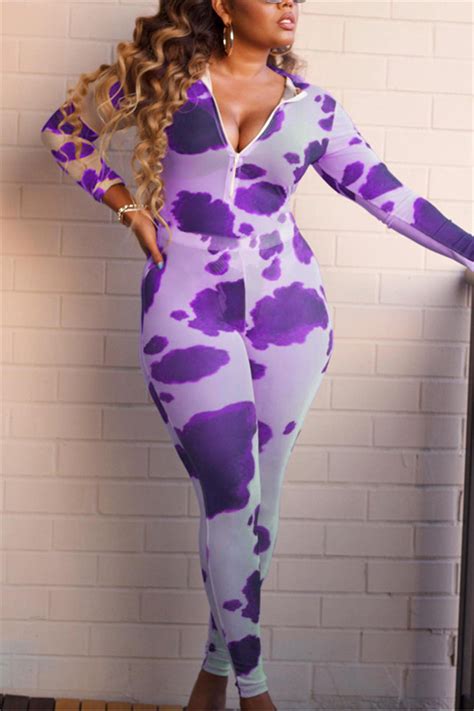 Wholesale Purple Sexy Print V Neck Skinny Jumpsuits K6984 Pl Online