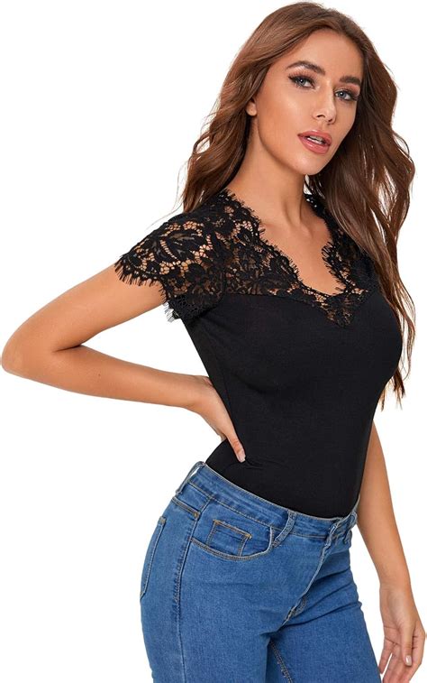 Didk Damen Top Mit Spitzen Elegant Shirts V Ausschnitt Spitzenshirt