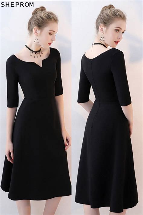 Simple Black Aline Knee Length Party Dress With Sleeves Party Dresses