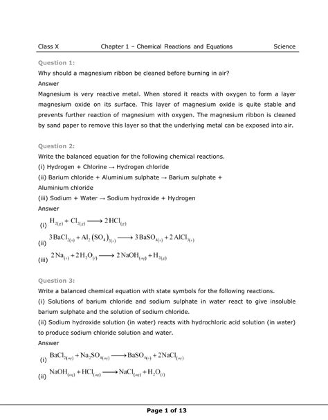 Class 10th Science Chemicals Reactions And Equations Ncert Solution