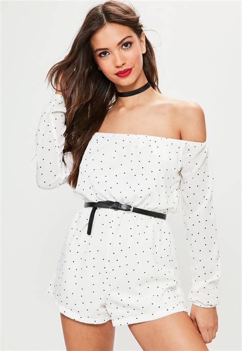 Missguided White Polka Dot Bardot Romper Bardot Style Rompers