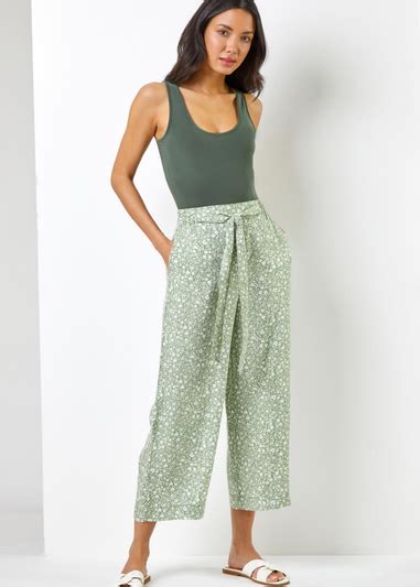 Roman Sage Ditsy Floral Elastic Tie Waist Cropped Culottes Matalan