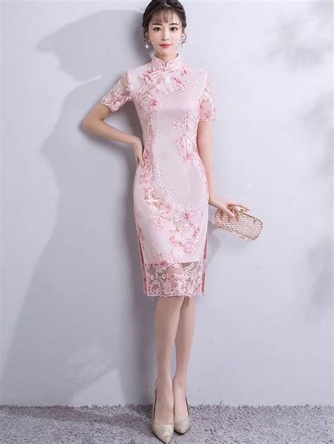 Pink Embroidered Short Qipao Cheongsam Party Dress Cozyladywear