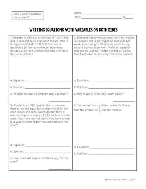 Lesson 1 4 Practice Writing Equations With Variables On Both Sides