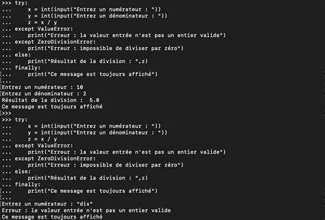 gérer les exceptions en python avec try except else et finally