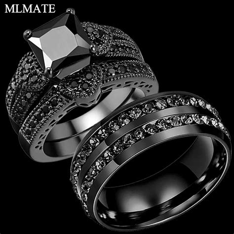 Couple Rings Men And Women Black Stainless Steel Cz Wedding Ring Band