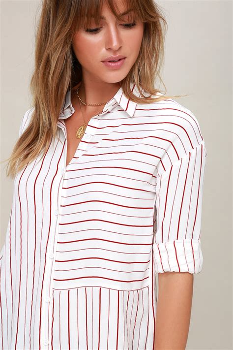 Chic White And Red Striped Top Striped Button Up Top Lulus