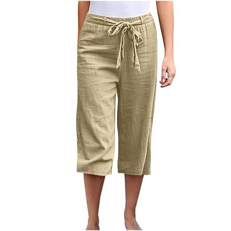 Dyegold Linen Pants For Women Wide Leg Cropped Capri Pants Summer