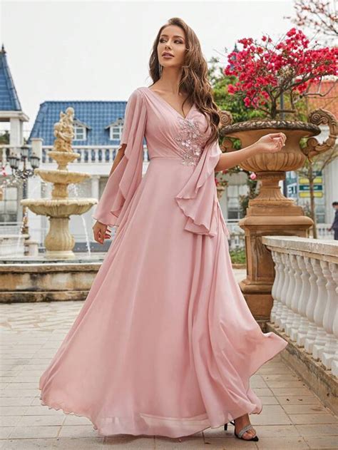 Pearls Detail Butterfly Sleeve Chiffon Bridesmaid Dress Shein Uk