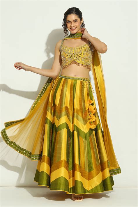 Buy Yellow Dupion Silk Embroidery Chevron Scoop Neck Stripe Lehenga Set