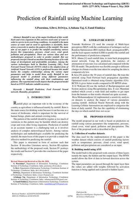 Pdf Prediction Of Rainfall Using Machine Learning
