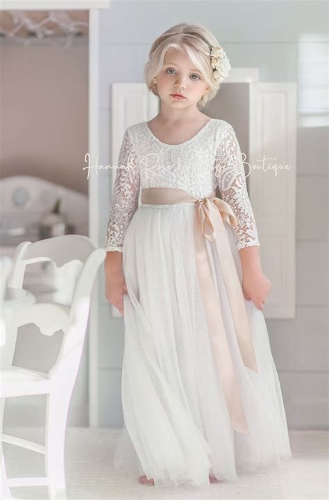 Long Sleeve White Tulle And Lace Flower Girl Dress For Traditional