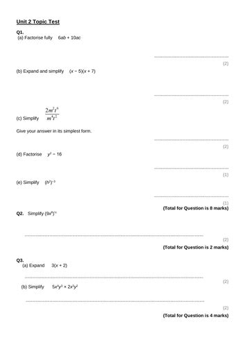 Edexcel Gcse Higher Unit 2 Algebra Teaching Resources