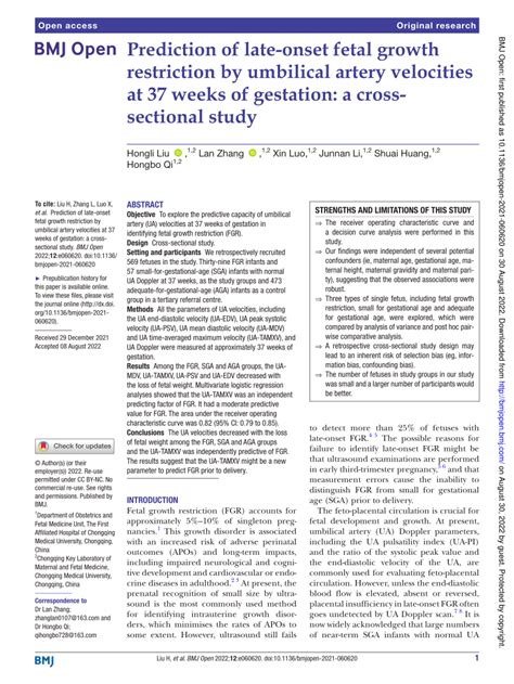 Pdf Prediction Of Late Onset Fetal Growth Restriction By Umbilical
