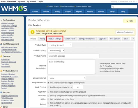 creating hosting plans in whmcs and syncing with whm inmotion hosting