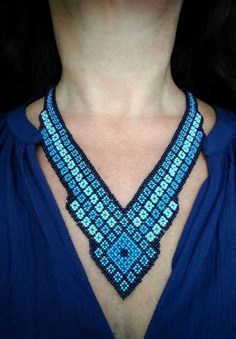 Beaded Bib Necklace Huichol Style Tribal Boho Seed Beads Etsy