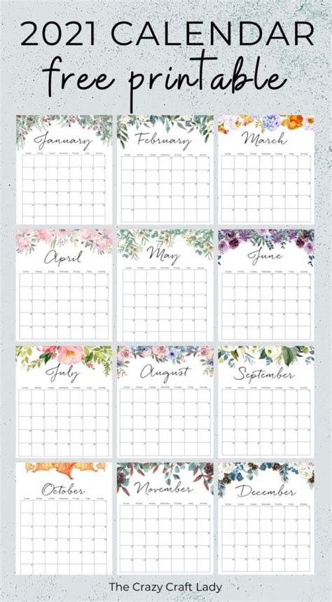 2021 Free Printable Floral Wall Calendar The Crazy Craft Lady