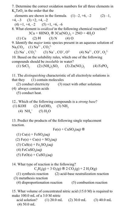 Solved 7 Determine The Correct Oxidation Numbers For All