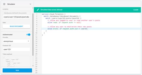 access denied on firebase realtime database security rules simulator