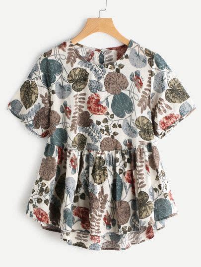 Palm Leaf Keyhole Back Dip Hem Smock Blouse Shein Sheinside Blouses