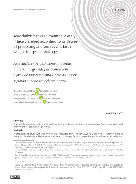 Pdf Association Between Maternal Dietary Intake Classified According