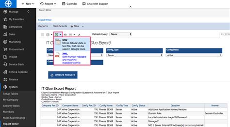 connectwise manage it glue export report it glue